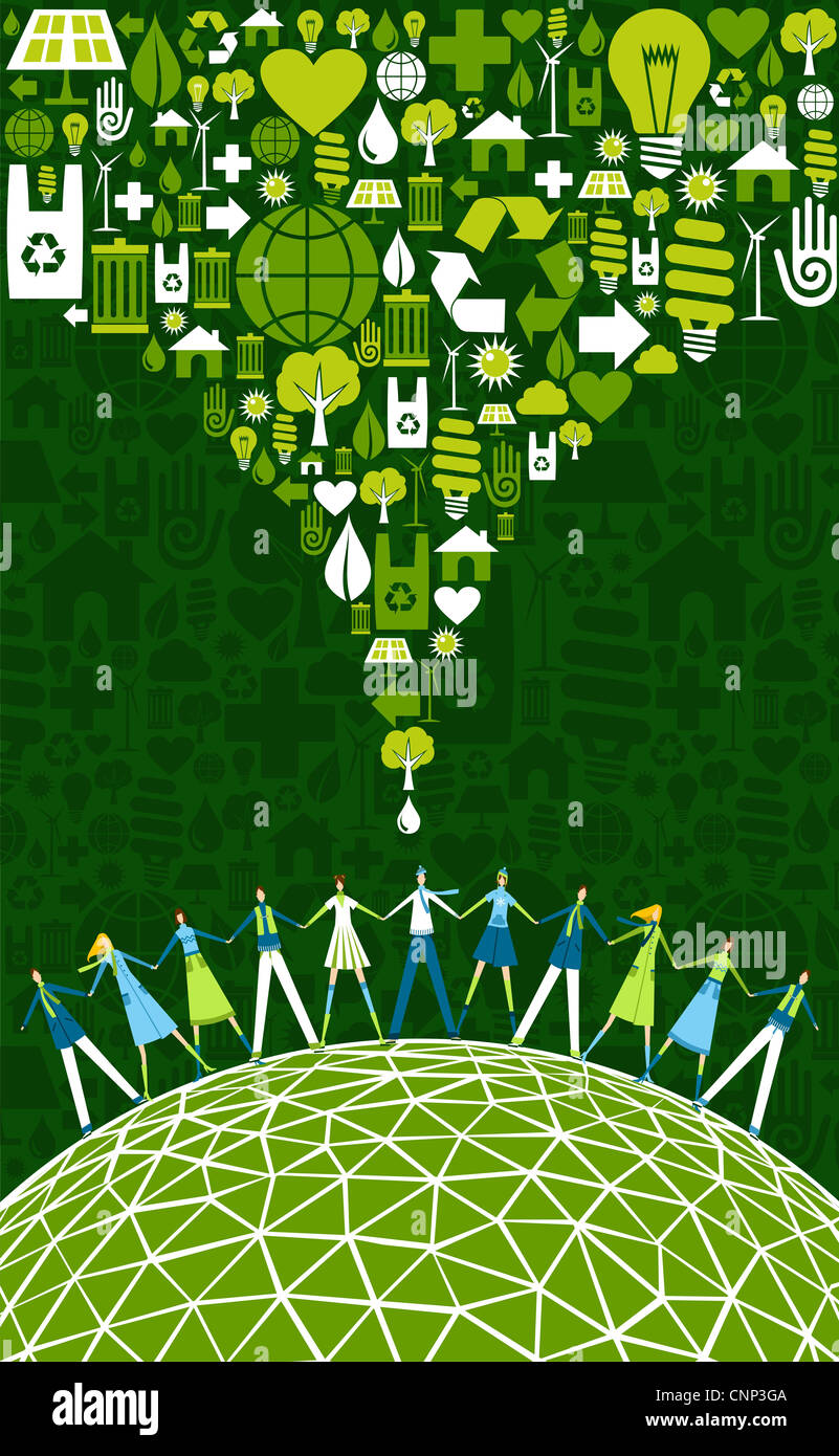 Green environment icons set splash over happy eco people globe. Vector ...