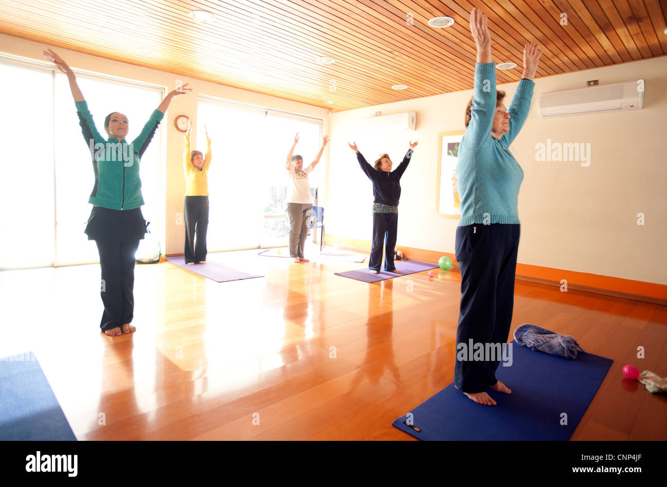 Old women exercising in a gym with a personal trainer, Santiago, Chile ...
