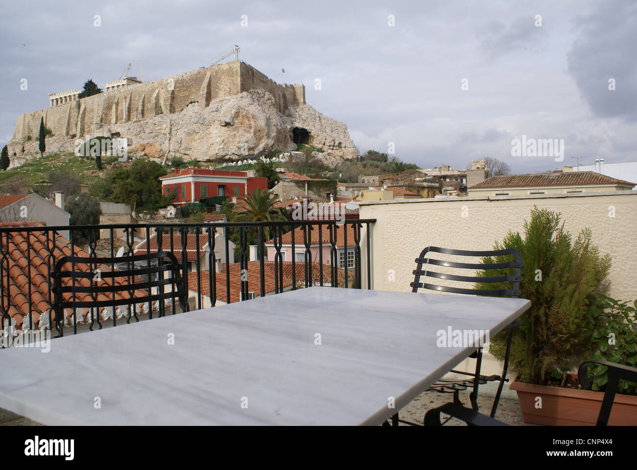 View of Acropolis from a balcony, in Plaka area of Athens, Greece Stock ...