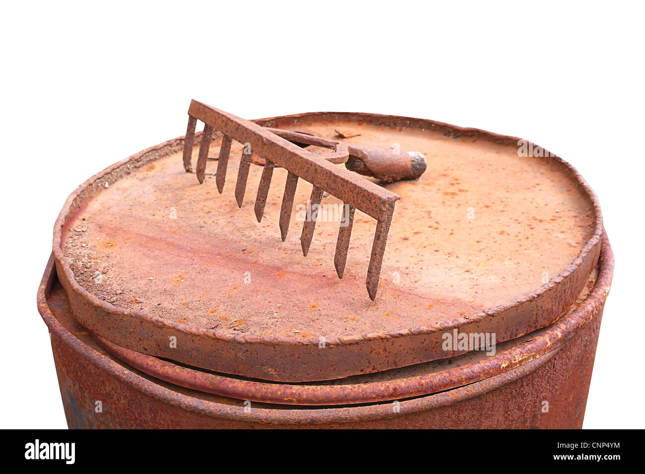 Rusty rake on rusty barrel garden tools old on white background Stock ...