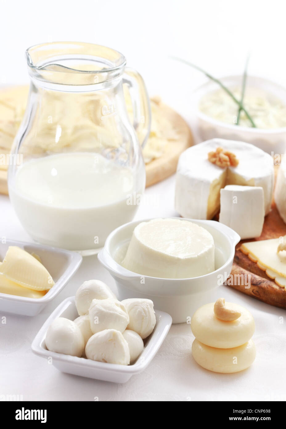 Arrangement of dairy products on a table Stock Photo - Alamy