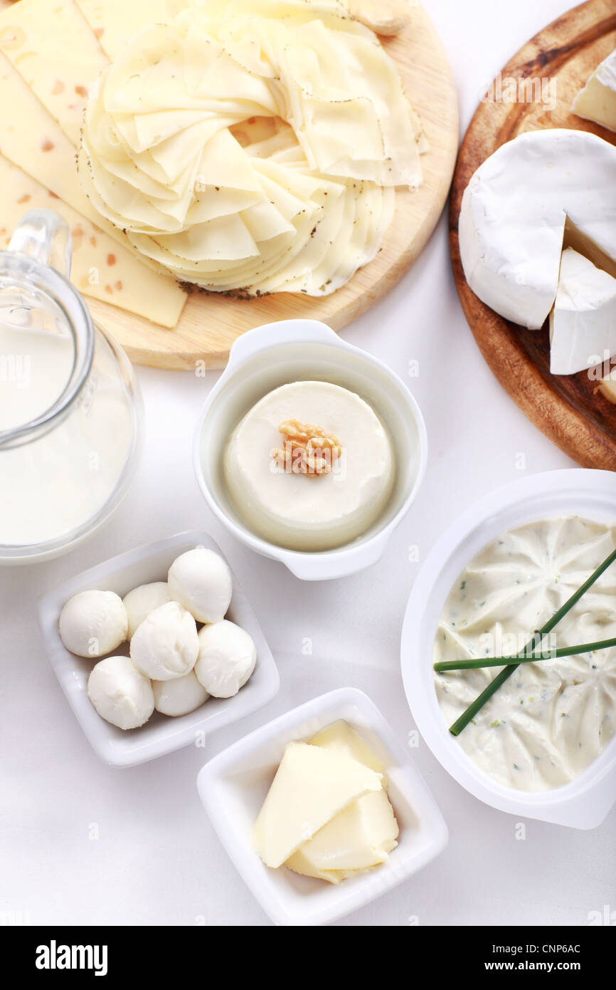 Arrangement of dairy products on a table Stock Photo - Alamy