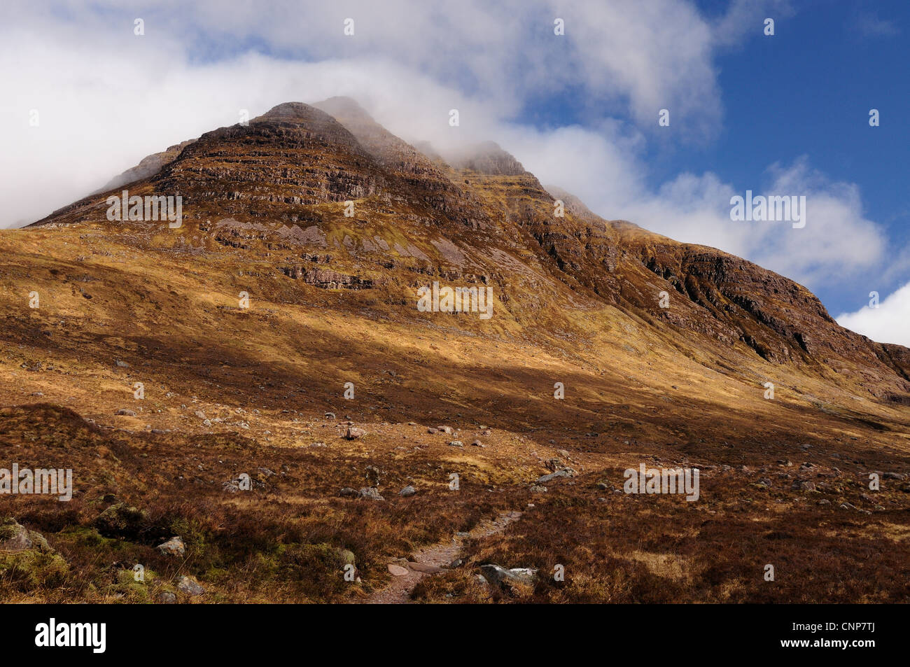 Cloud swirling around Beinn Dearg from the Coire Mhic Nobaill, Torridon ...