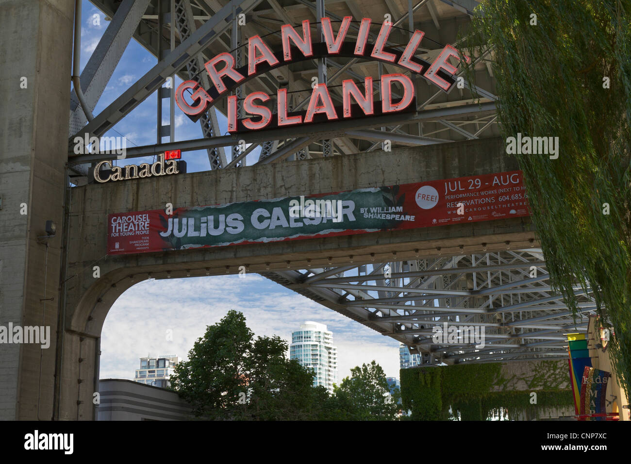 Neon sign at entrance to Granville Island, Vancouver, British Columbia ...