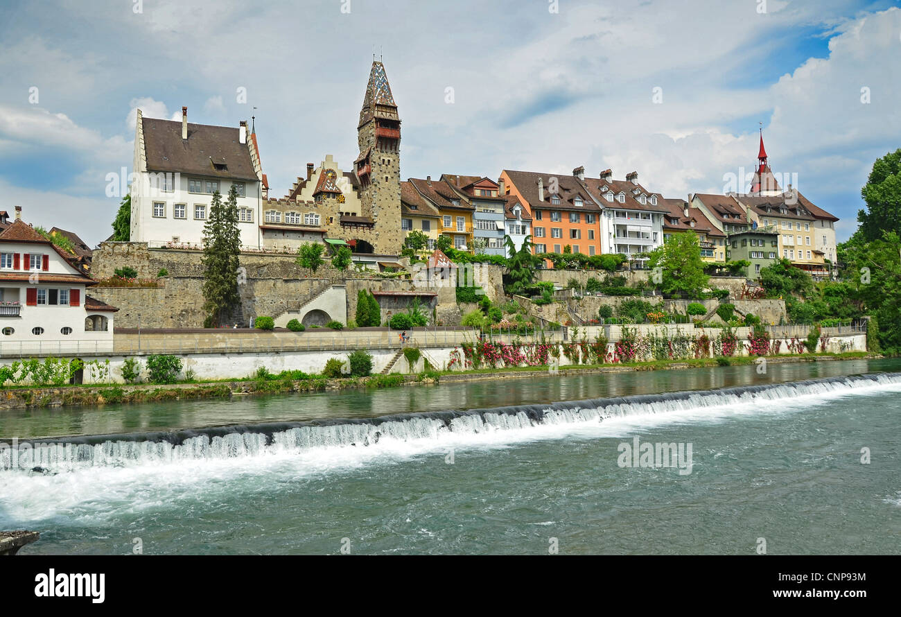 The historic town of Bremgarten, Switzerland at Summer. With the river ...