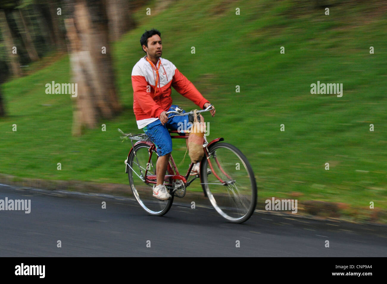 In this picture you can see a man riding bicycle, he going fast on the ...