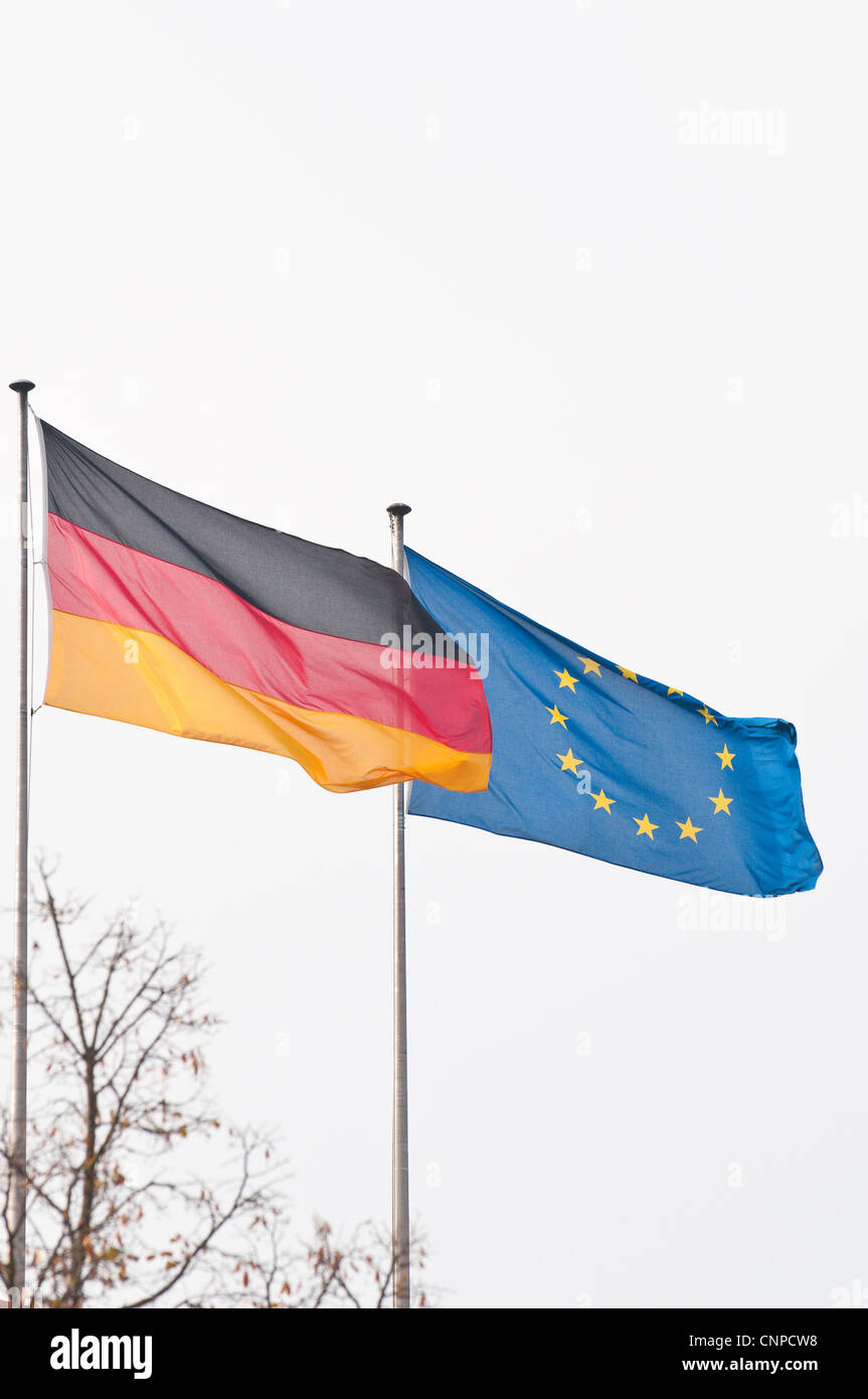 European Union and german Flags flying in Regensburg, Germany Stock ...