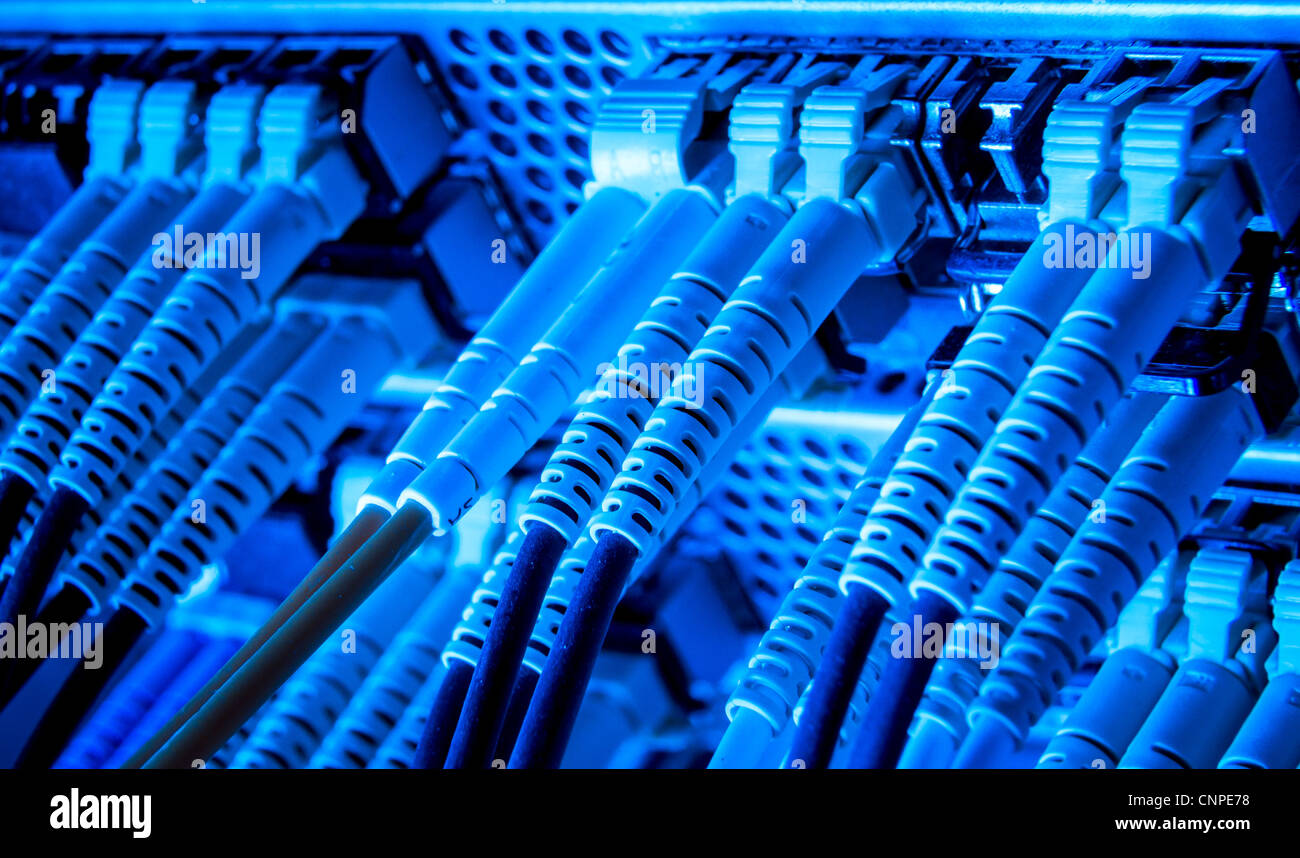 optic fiber cables connected to hub Stock Photo - Alamy