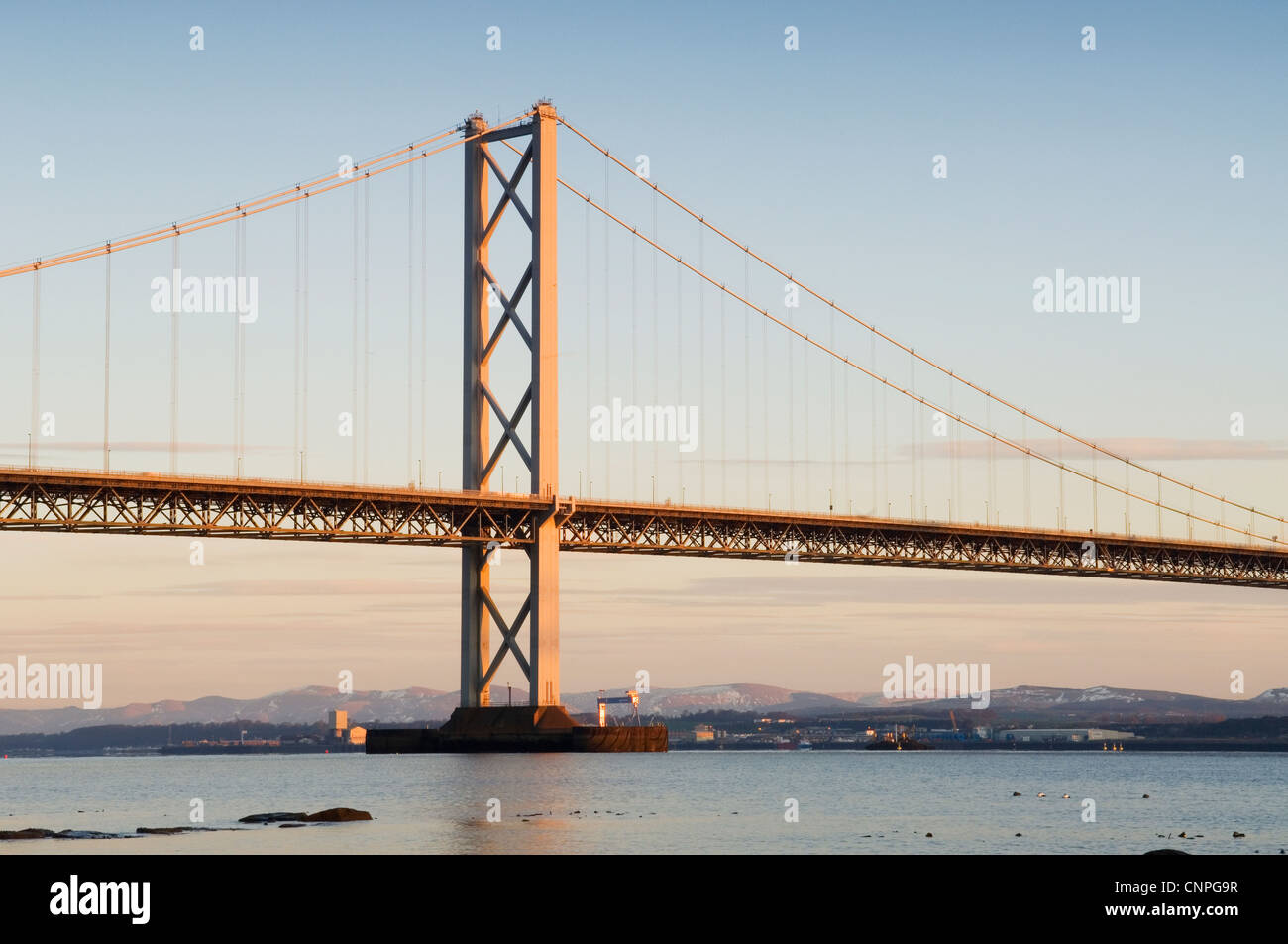 The Forth Road Bridge at sunrise, near Edinburgh, Scotland Stock Photo ...