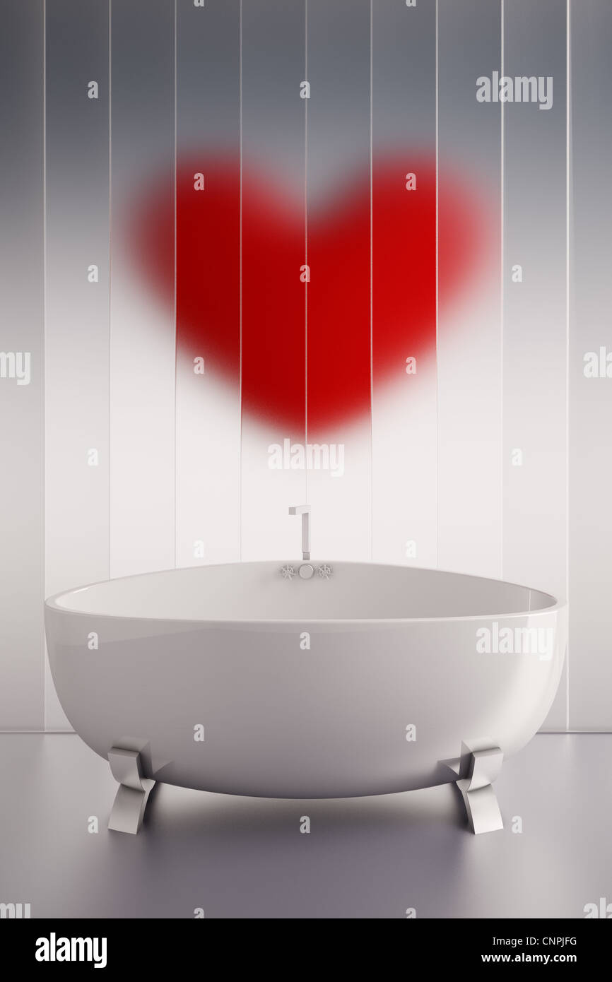 3d render of a ceramic bath tab and a red heart wall Stock Photo - Alamy