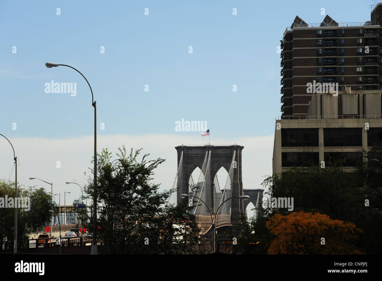 Blue sky view, from Centre Street and Park Row, autumn trees, Brooklyn ...