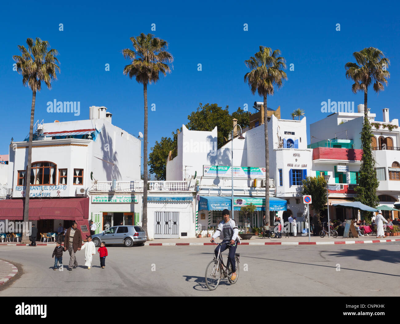 Asilah (also Assilah, or Arzila), Morocco. Street scene in Plaza Zelaka ...