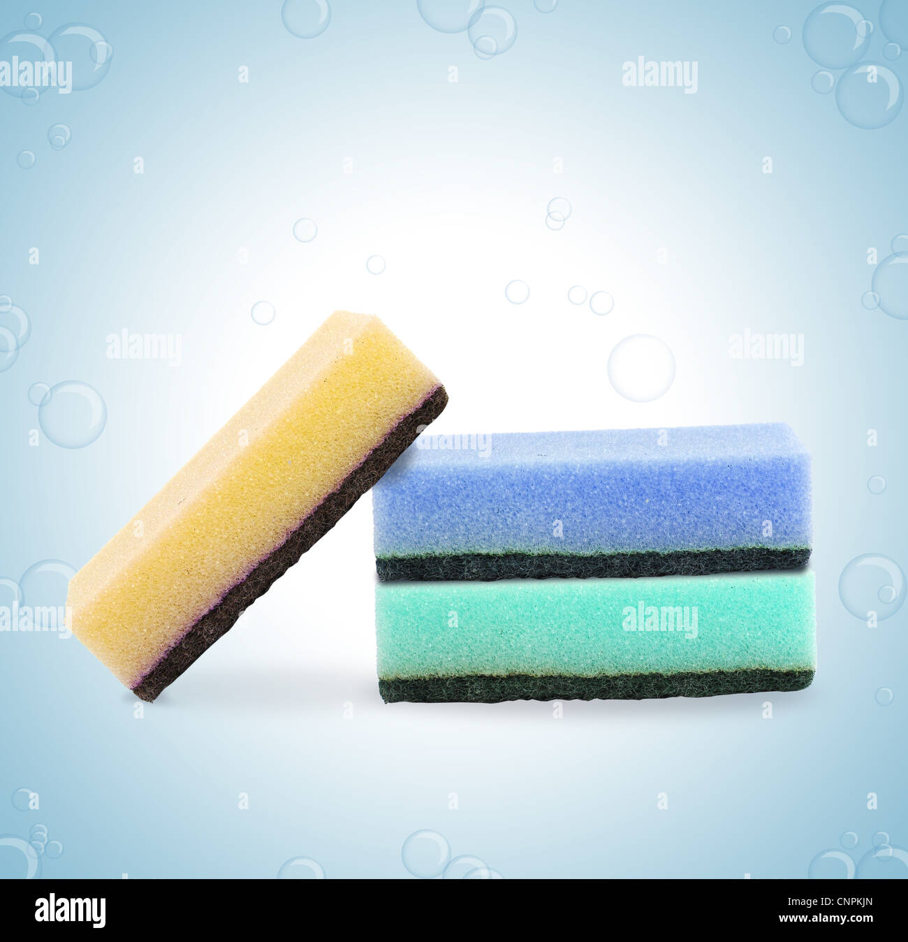 Set of three colorful cleaning sponges on bubbles background Stock ...