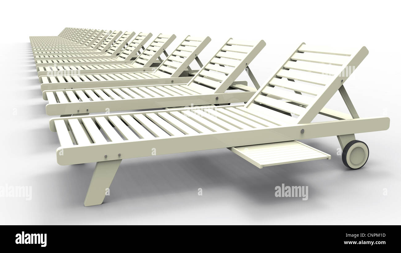 Line of white sun beds on white background Stock Photo - Alamy