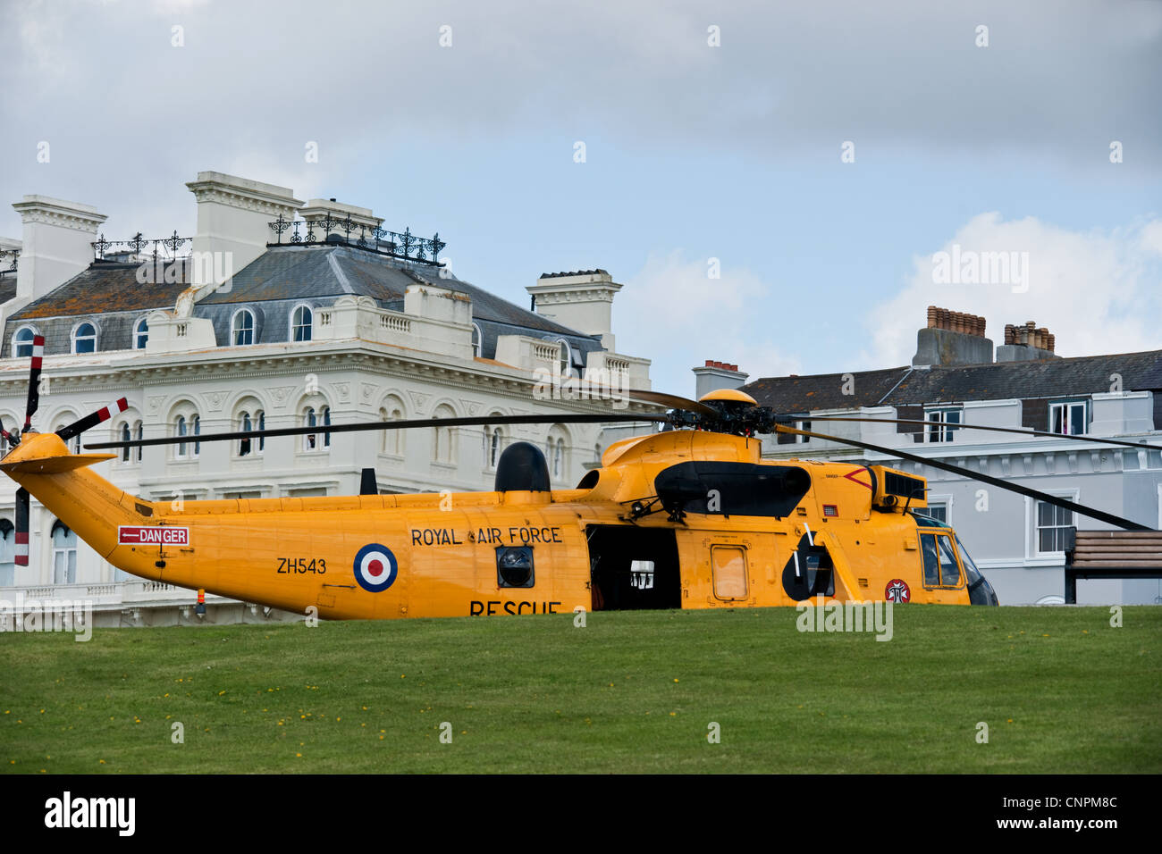 A Royal air Force Rescue Helicopter on the Hoe at Plymouth, taking off ...