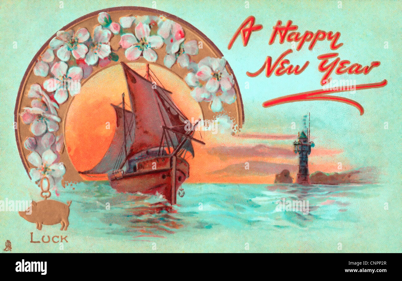 A Happy New Year - Ship sailing through a wreath of flowers with golden ...