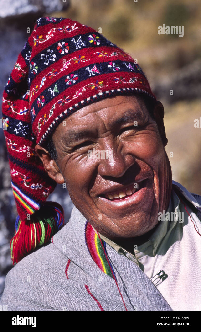 Man with traditional knitted cap on Taquile Island. Lake Titicaca, Peru ...