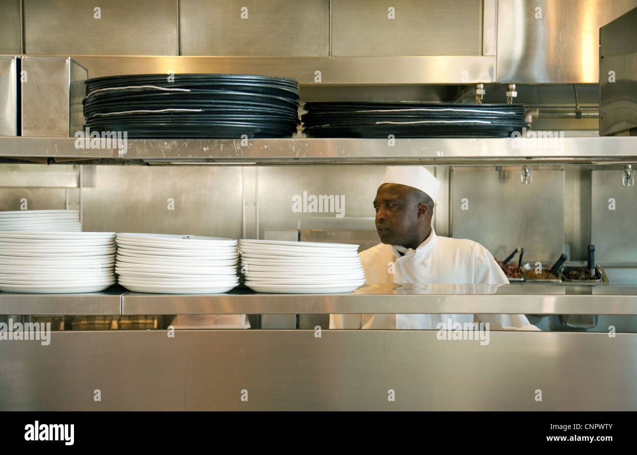 A restaurant chef at work in his kitchen, Disneyland Paris France ...