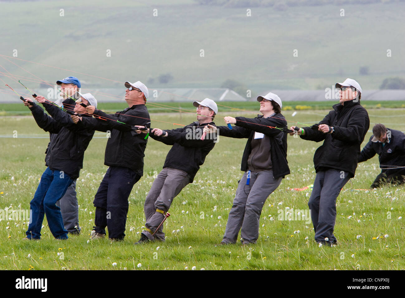Display team flying stunt kites at a kite festival in Wroughton ...
