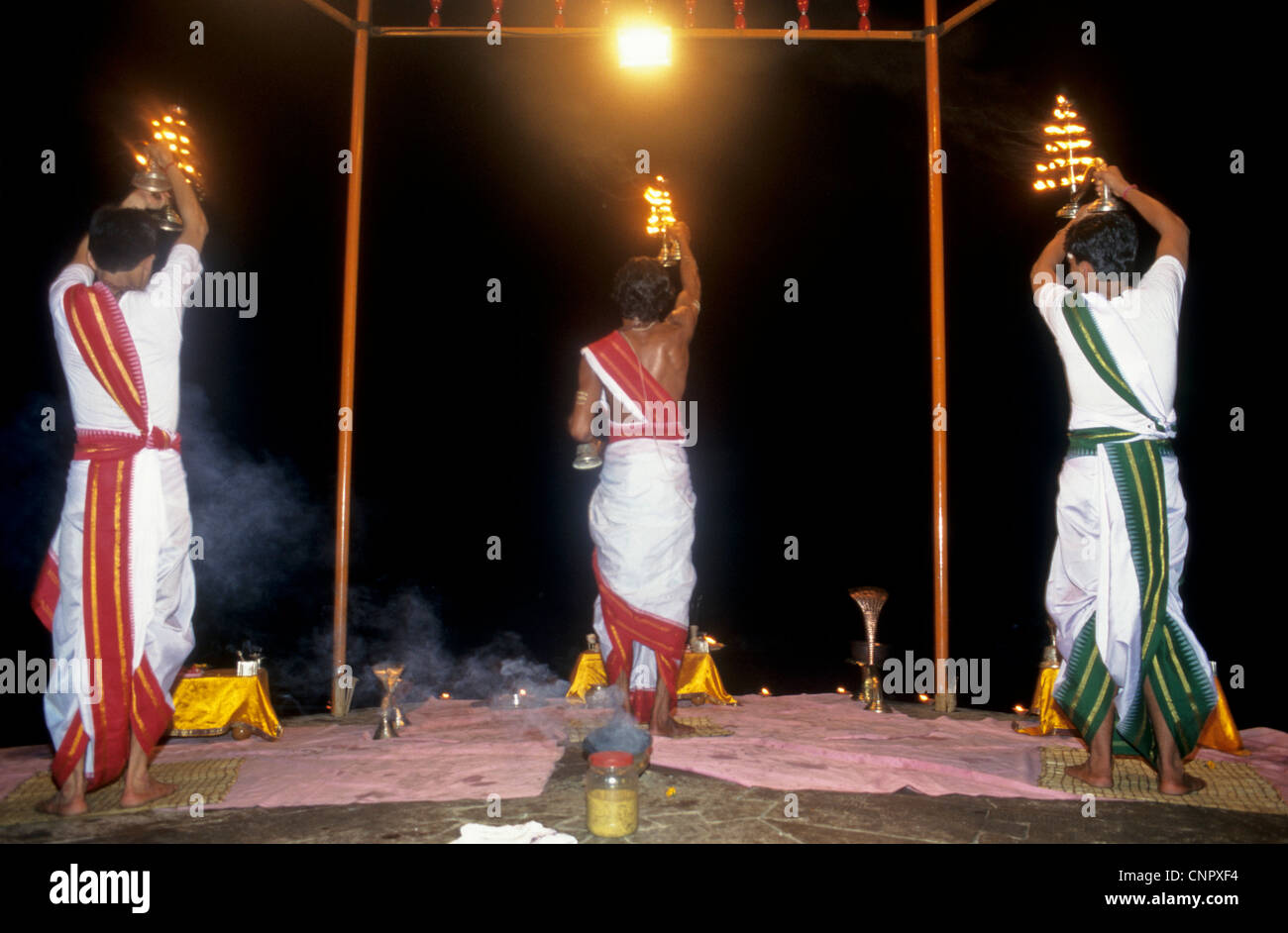 Hinduist ritual on the banks of River Ganges at the ancient Indian city ...