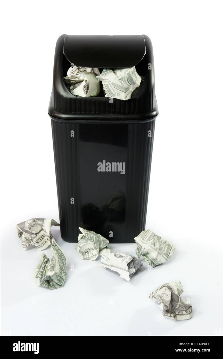 full dollar paper money trash bin Stock Photo - Alamy