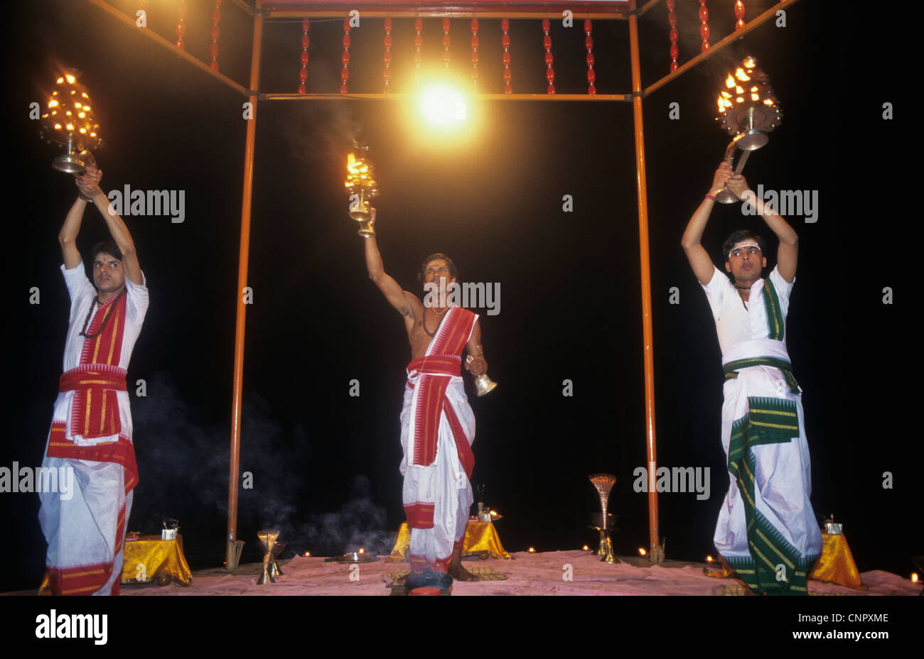 Hinduist ritual on the banks of River Ganges at the ancient Indian city ...