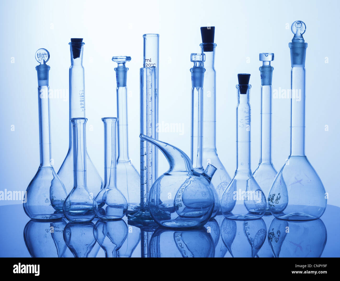 Research Lab assorted Glassware Equipment on blue background Stock ...