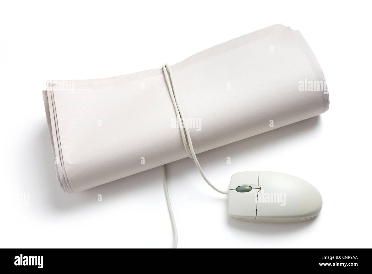 Computer mouse and Newspaper Roll with white background Stock Photo - Alamy