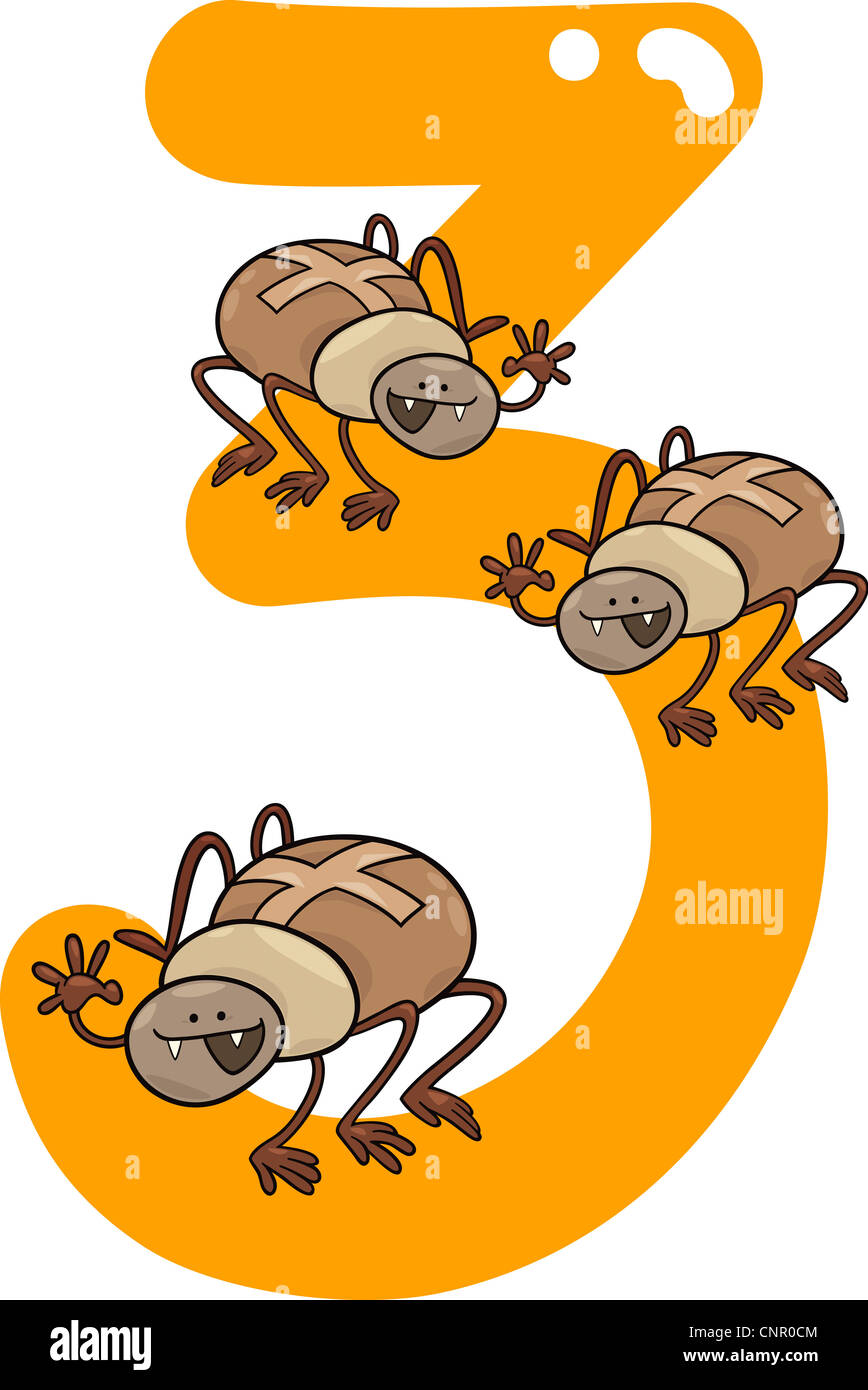 cartoon illustration with number three and spiders Stock Photo - Alamy