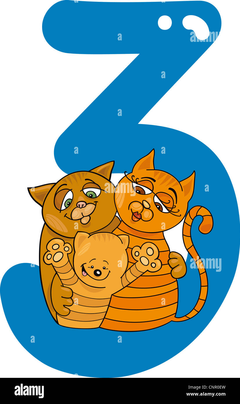 cartoon illustration with number three and cats Stock Photo - Alamy