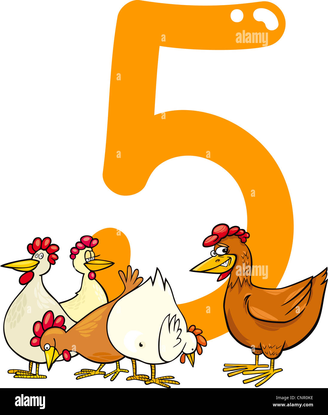 cartoon illustration with number five and hens Stock Photo - Alamy