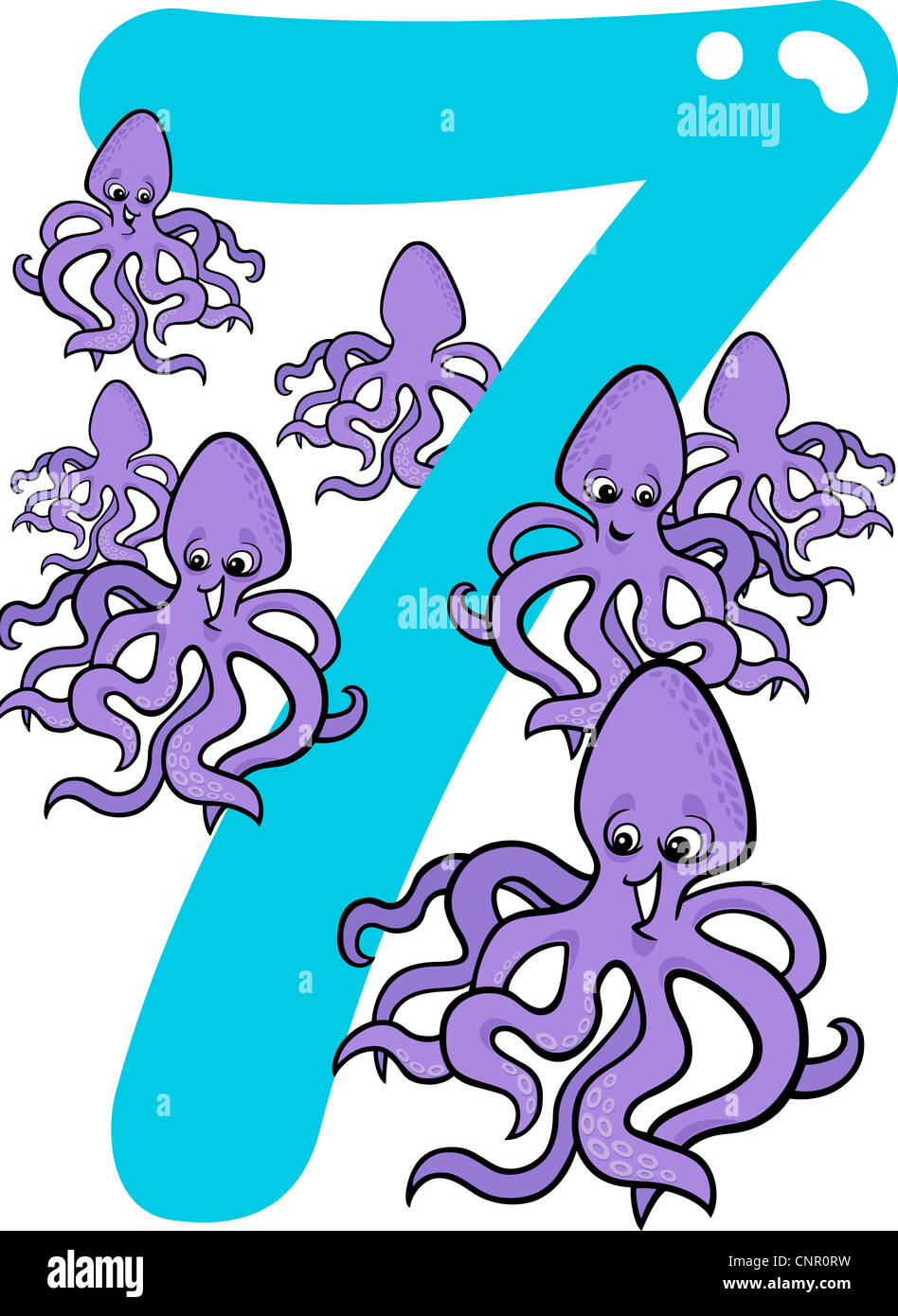 cartoon illustration with number seven and octopuses Stock Photo - Alamy