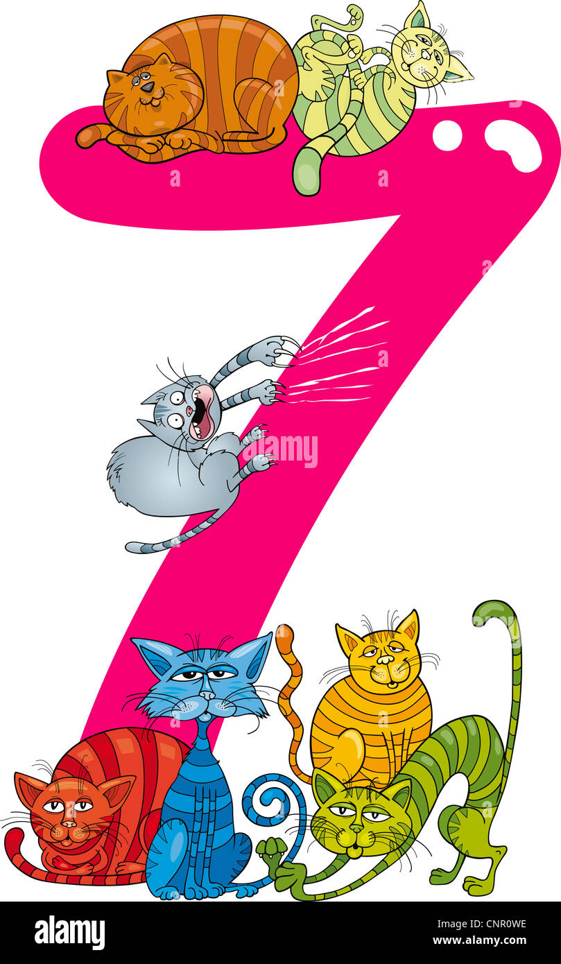cartoon illustration with number seven and cats Stock Photo - Alamy