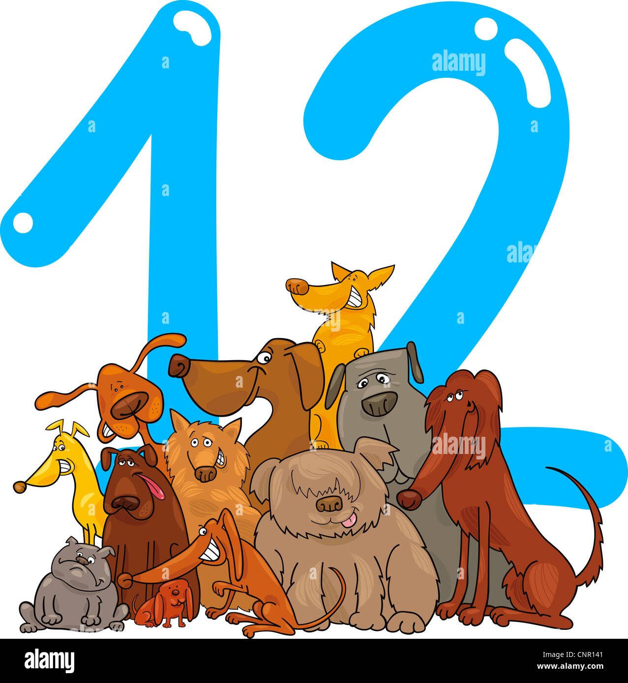 cartoon illustration with number twelve and dogs Stock Photo - Alamy