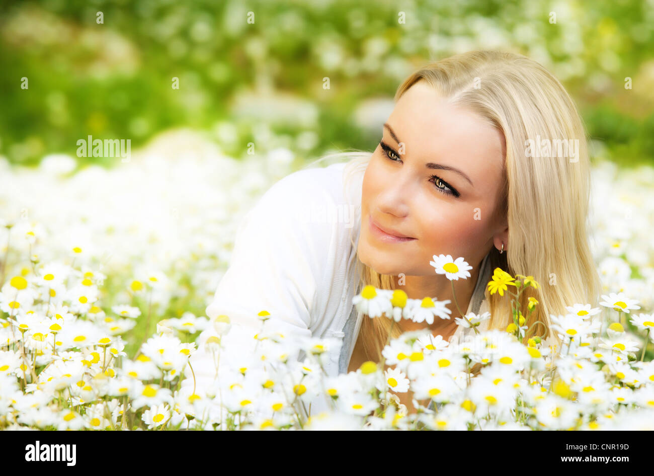 Beautiful Woman Enjoying Daisy Field Nice Female Lying Down In The