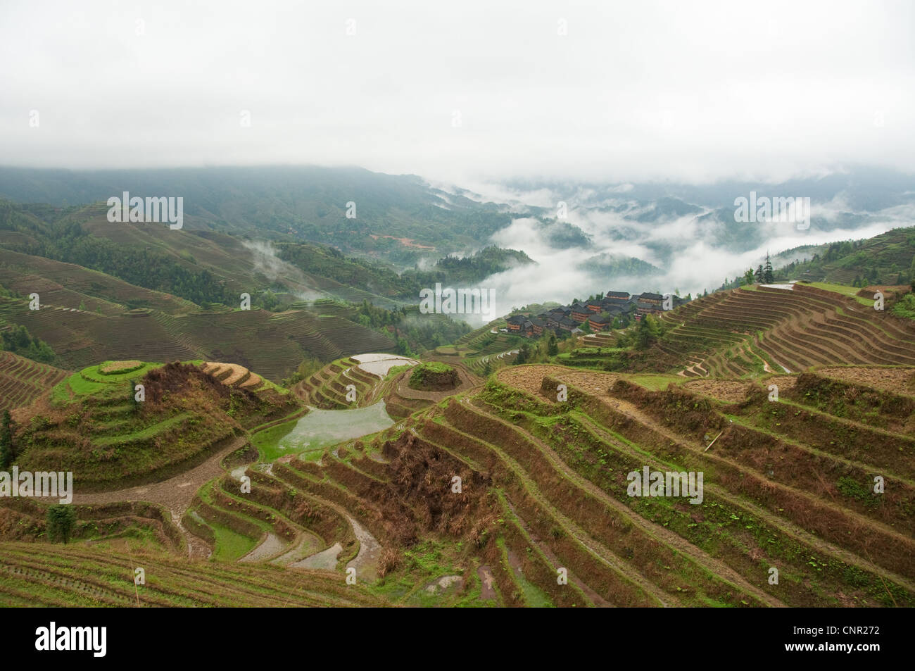 Da Zhai village among the clouds and terraced watered rice fields Stock ...