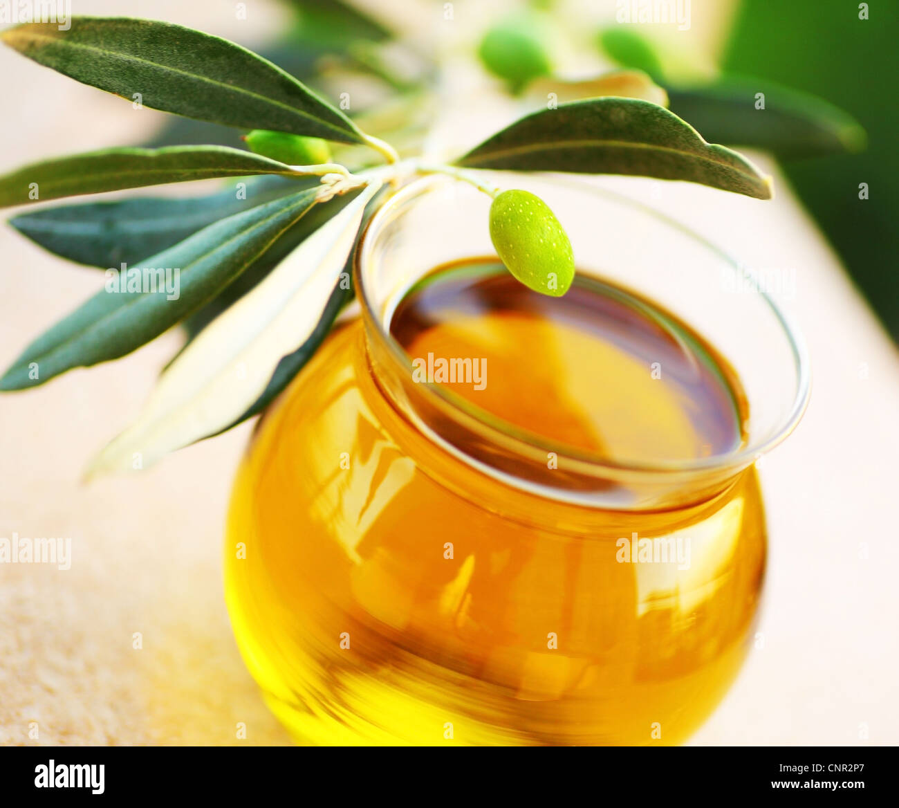 Ripe fresh green olive branch with homemade olive oil Stock Photo - Alamy