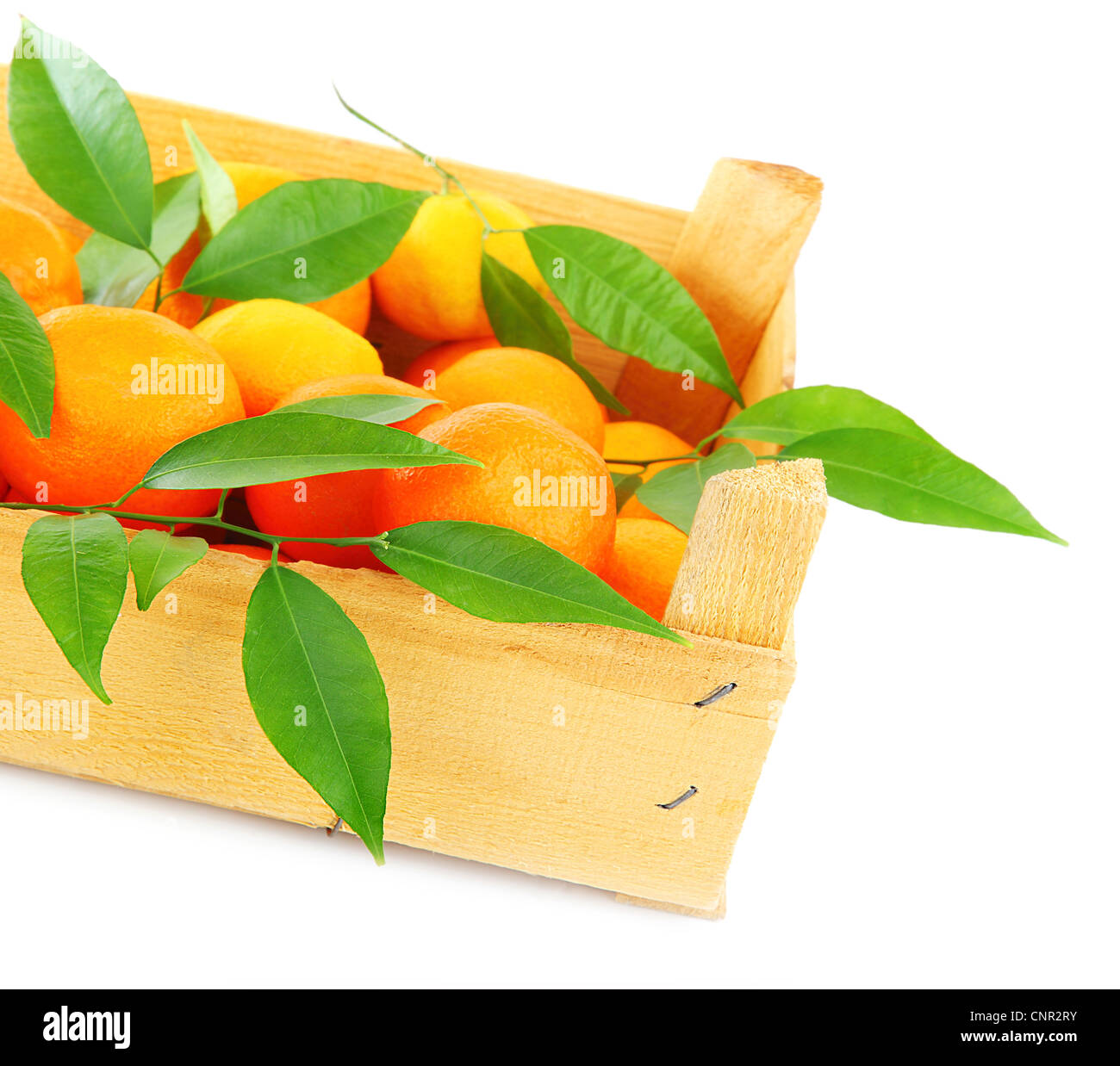 Fresh orange mandarins box, fruits isolated on white background ...