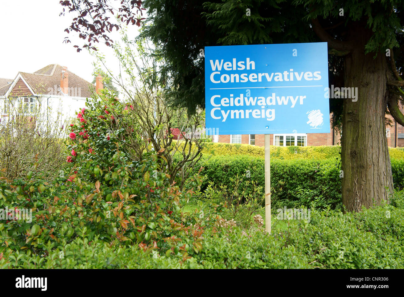 Welsh Conservatives Sign in a garden in Llandaff, Cardiff, campaigning ...