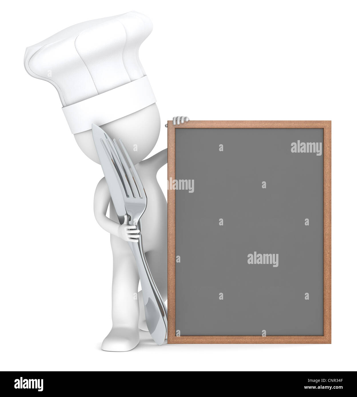 3D little human character the Chef with an empty Menu Board. Copy space ...