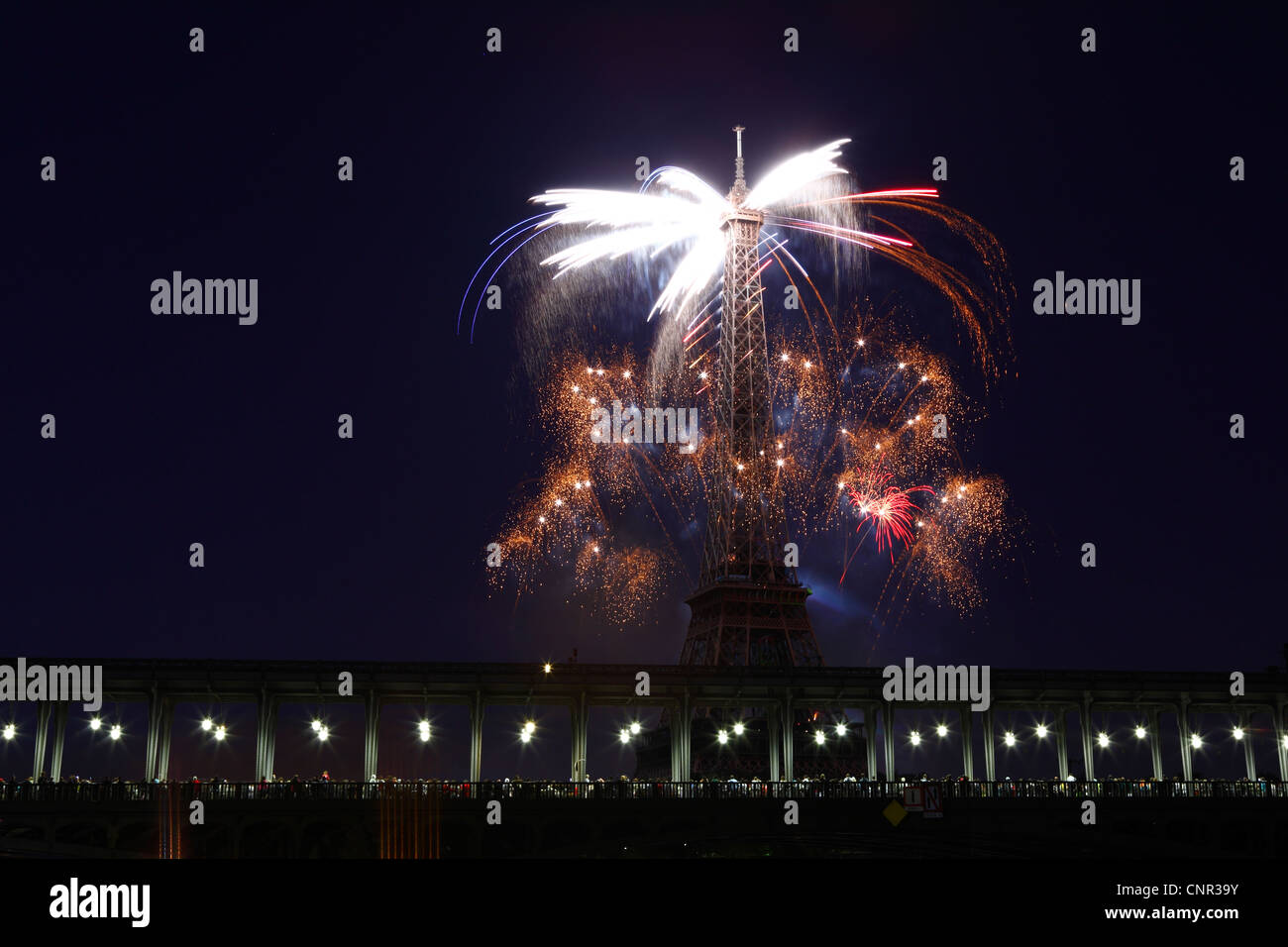 Parisians and tourists watching Bastile day fireworks around Eiffel ...