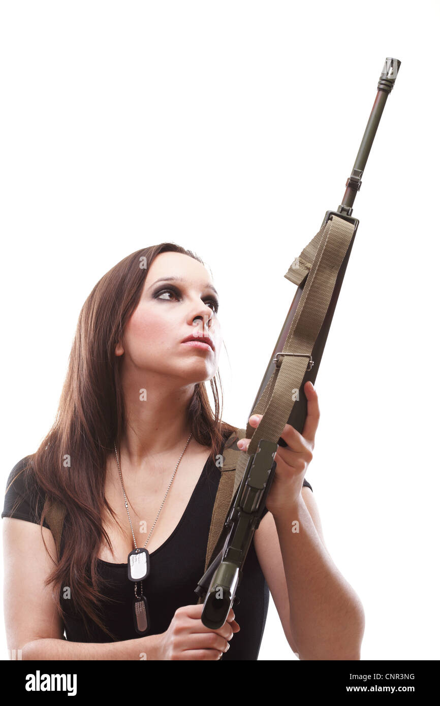 Beautiful woman with rifle plastic Military Army girl Holding Gun white ...