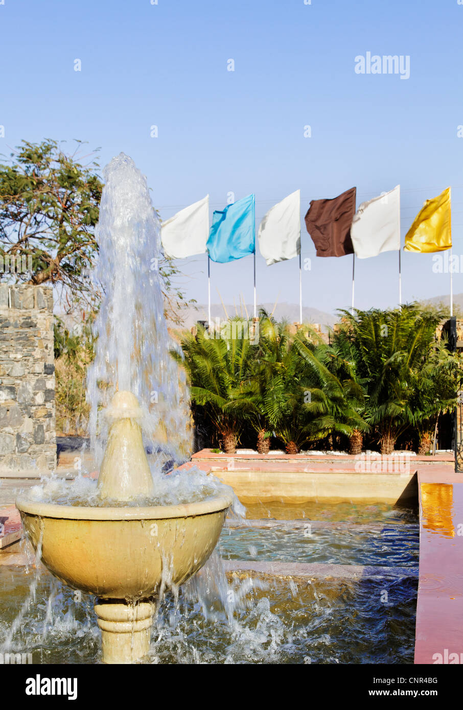 portrait of courtyard fountain with neutral coloured flags as a ...