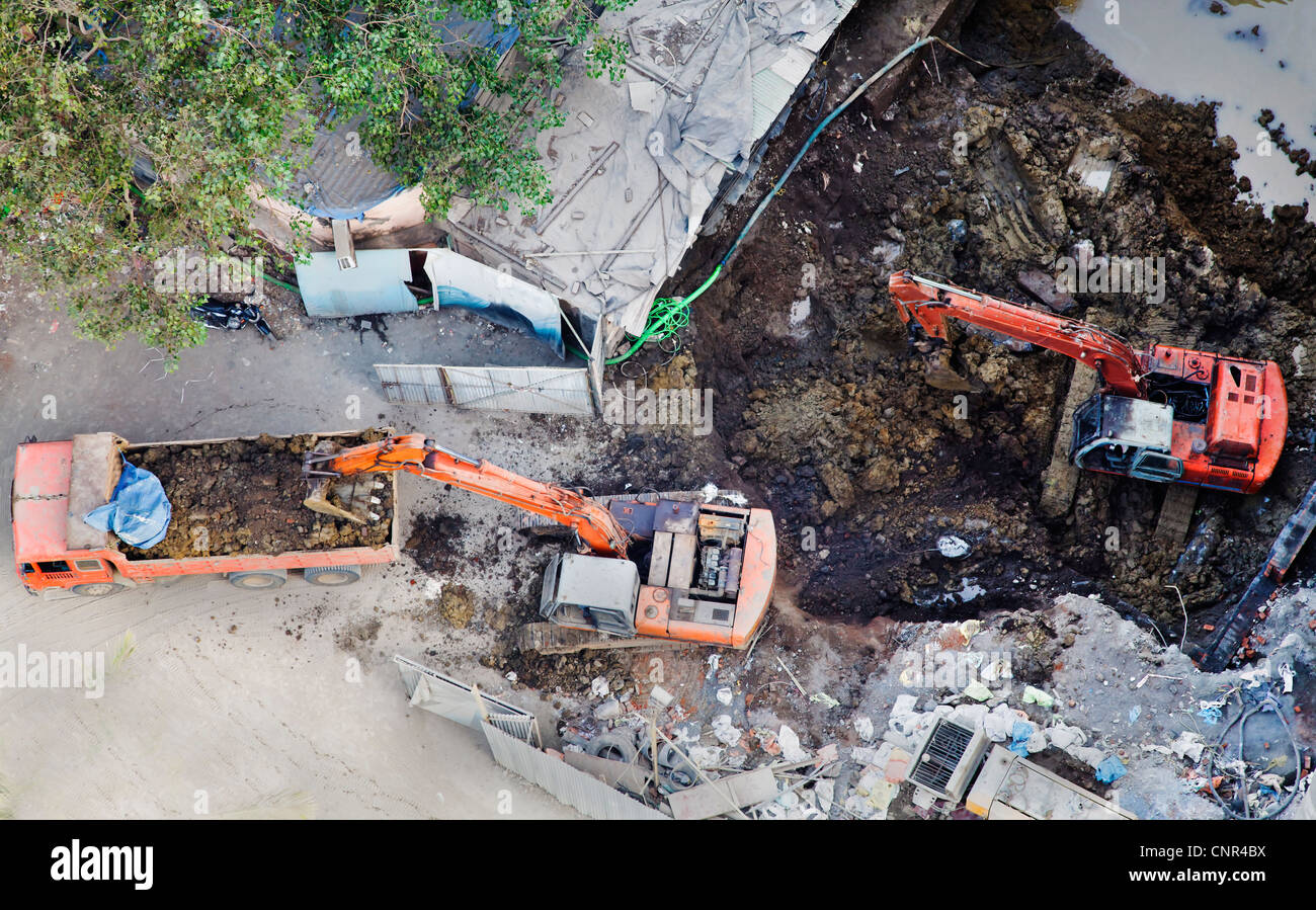 aerial landscape of concrete tower foundations being prepared by ...
