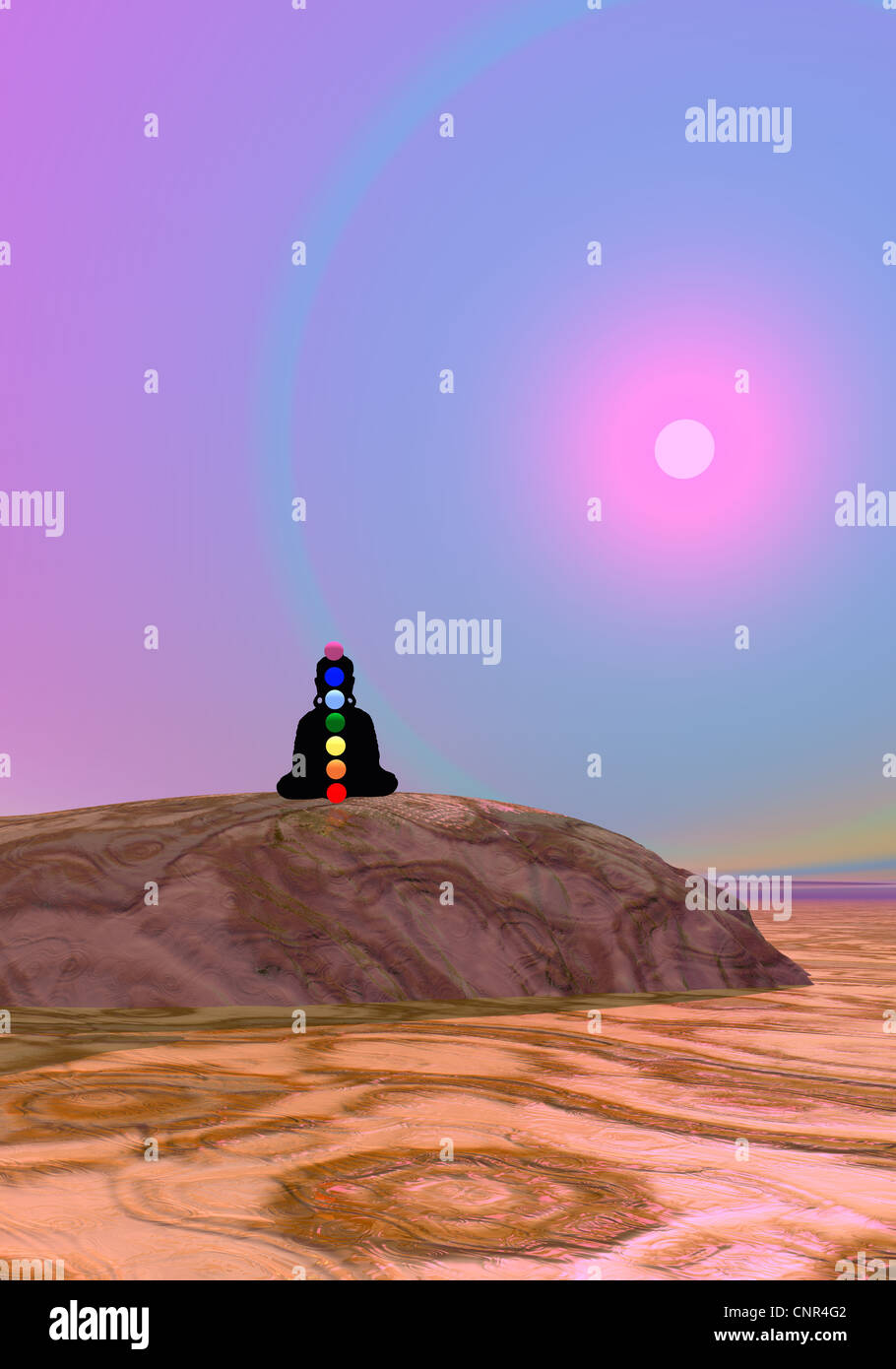 Shadow in meditation with chakras by violet sunset Stock Photo - Alamy
