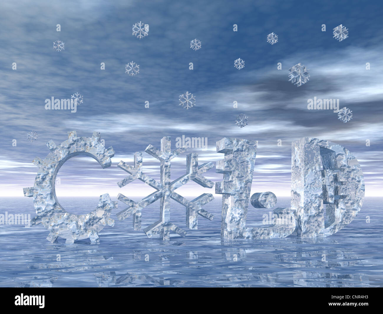 Cold letters with snow symbol instead of O letter and snow falling ...