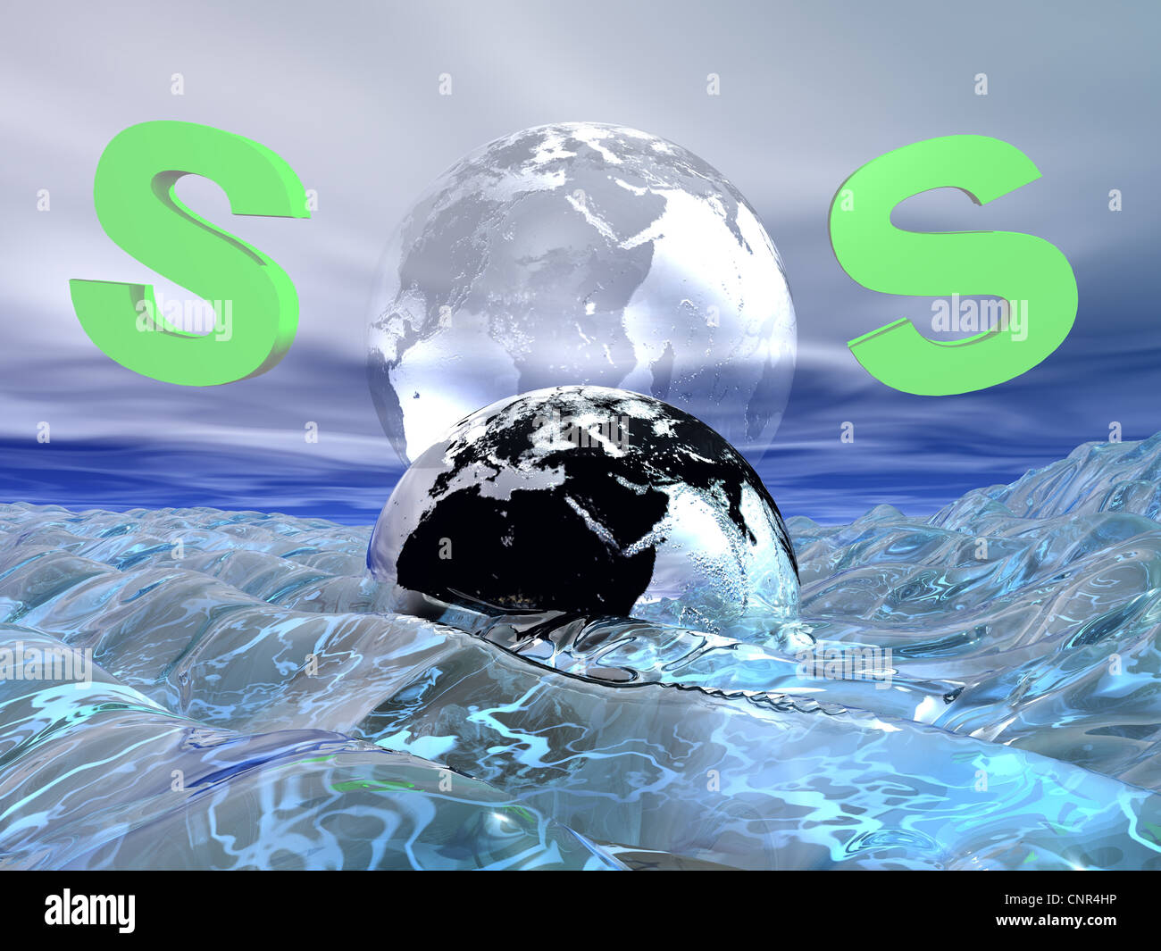 Green SOS for drowning earth in the waves of the ocean Stock Photo - Alamy