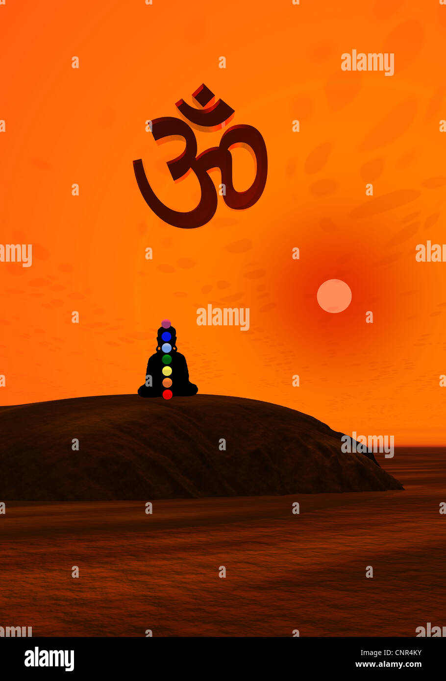 Shadow in meditation with chakras under aum by sunset Stock Photo - Alamy