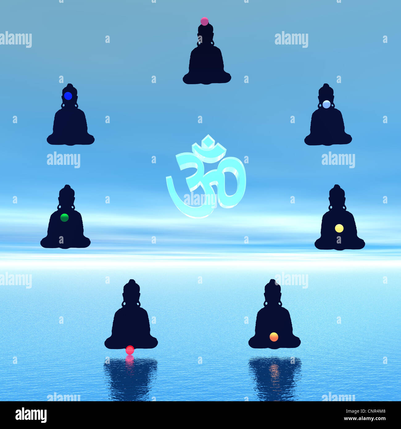 Seven chakras in meditation around a aum symbol in blue background ...