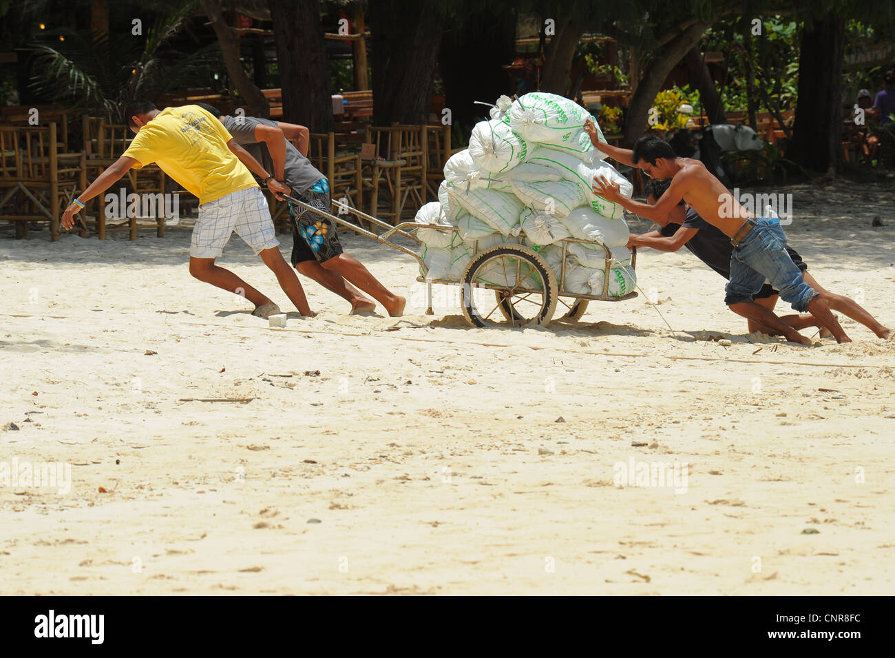 ice delivery , men pushing cart across beach,the island of koh mook ...